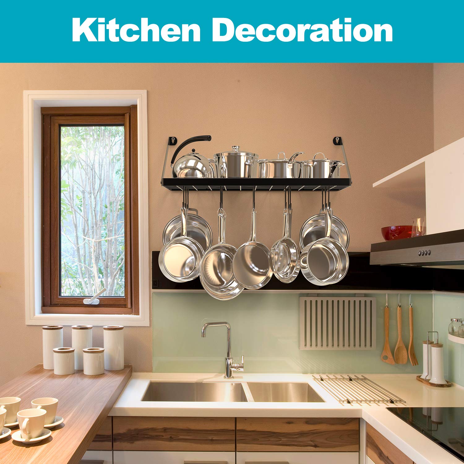 Vdomus Hanging Pot Rack, Wall Mounted Pots and Pans Holder 29.3 by 13 Inch, Kitchen Cookware Organizer for Pots and Pans Storage, 15 Moveable Hooks Square Grid, Silver