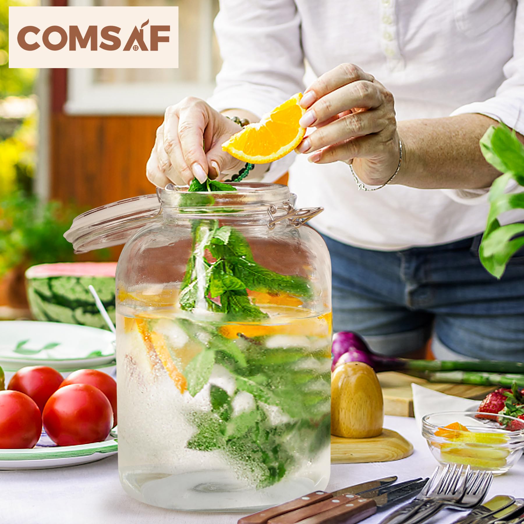 ComSaf 1 Gallon Glass Jar with Lid, 128oz Glass Jars with Airtight Lid Set of 2, Square Mason Jars, Large Storage Containers with Lids for Canning, Fruit juice, Flour, Sugar, Rice, Pickled Egg