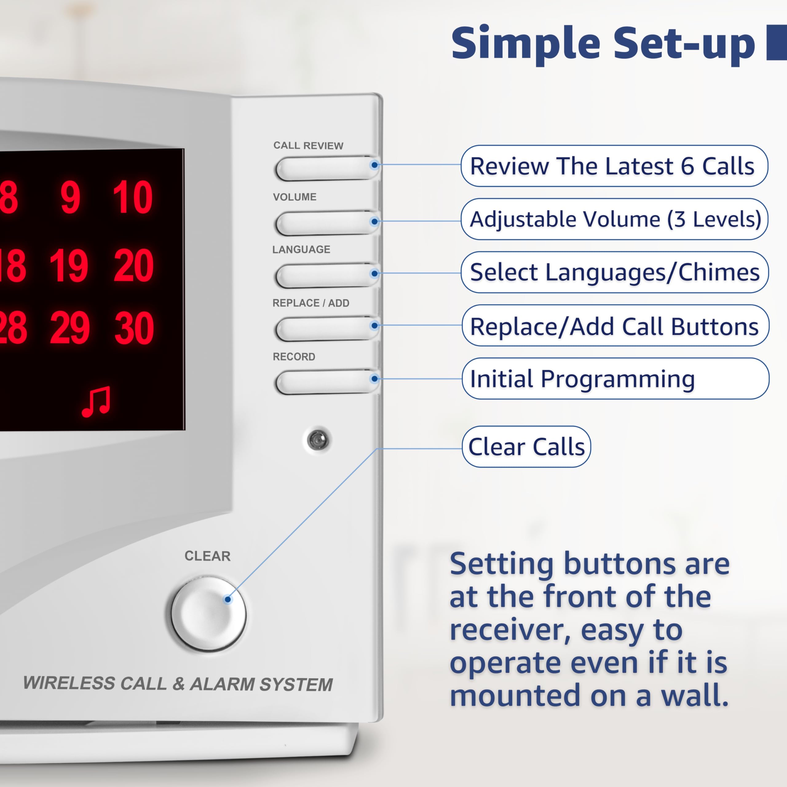 SYNLETT Wireless Calling System, Caregiver Pager for Nurses Station, 10 Waterproof Call Buttons with 1 Monitoring Unit for Emergency, Patients Seniors Clinic, 11 Languages Alert, White