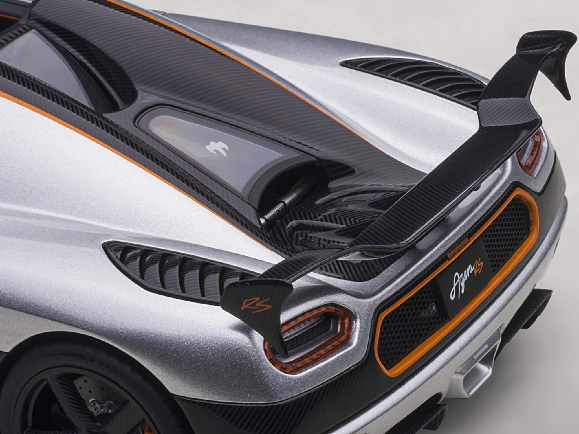 Auto Art Models Koenigsegg Agera RS Moon Silver with Carbon and Orange Accents 1/18 Model Car by Autoart 79024