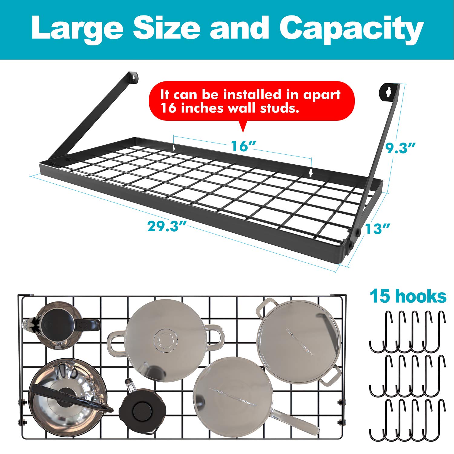 Vdomus Hanging Pot Rack, Wall Mounted Pots and Pans Holder 29.3 by 13 Inch, Kitchen Cookware Organizer for Pots and Pans Storage, 15 Moveable Hooks Square Grid, Silver