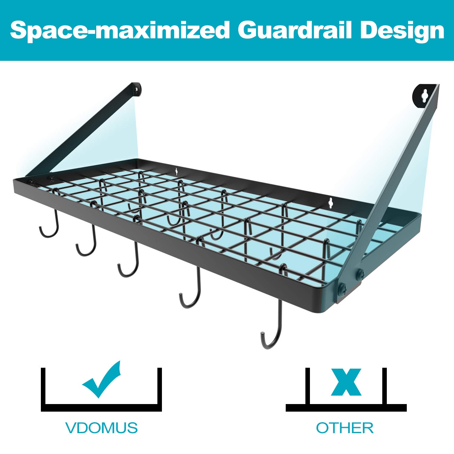 Vdomus Hanging Pot Rack, Wall Mounted Pots and Pans Holder 29.3 by 13 Inch, Kitchen Cookware Organizer for Pots and Pans Storage, 15 Moveable Hooks Square Grid, Silver