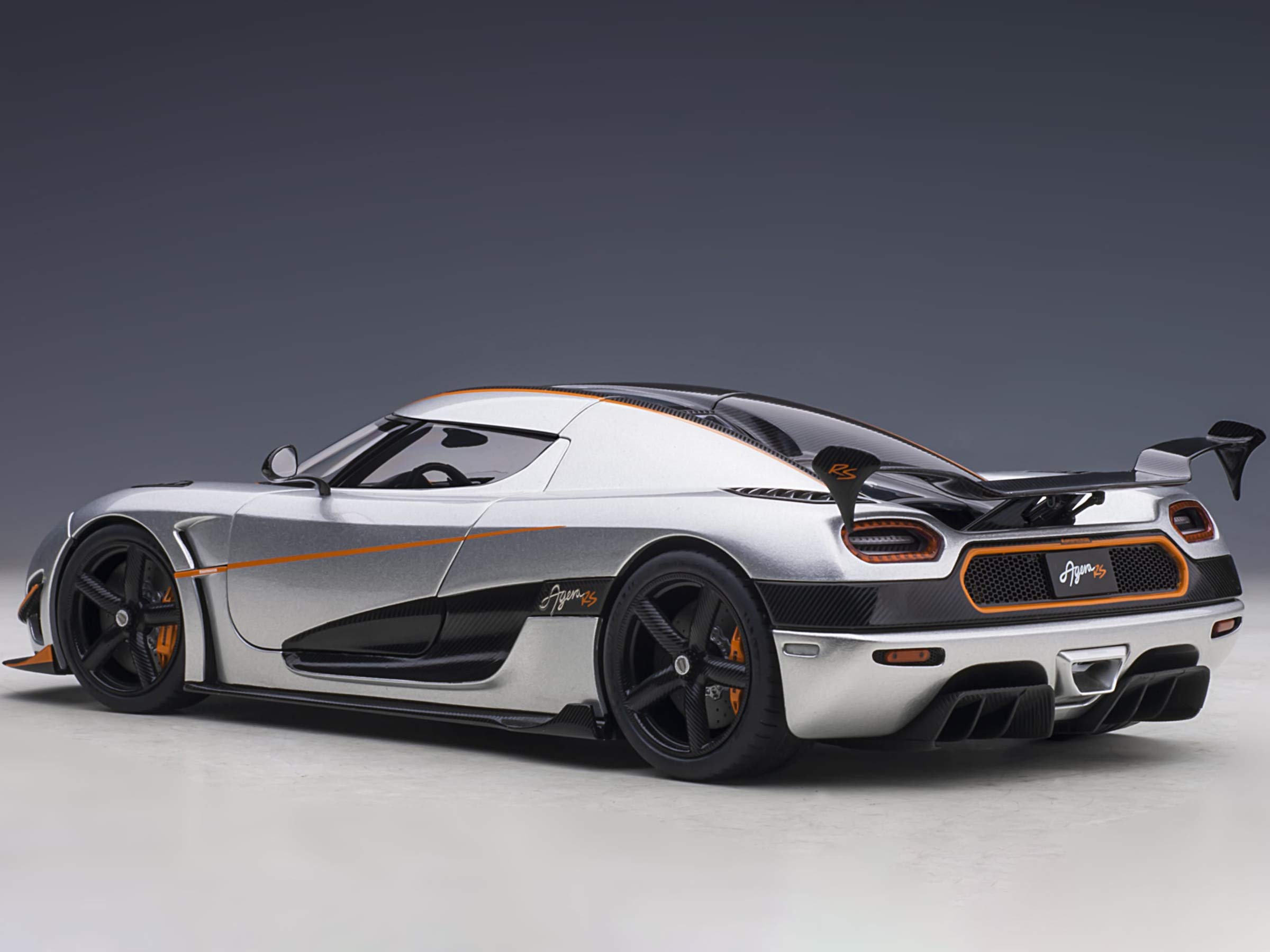 Auto Art Models Koenigsegg Agera RS Moon Silver with Carbon and Orange Accents 1/18 Model Car by Autoart 79024