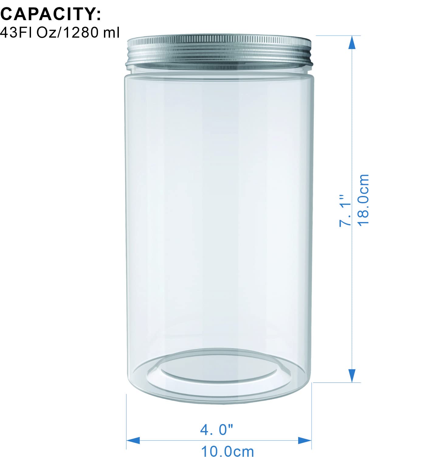 HoleviFO 43oz (1280ml,6 Pack) Clear Empty Plastic Jars with Silver Screw Lids and Labels Round Plastic Jar Wide-mouth PET Straight Cylinder Containers for Household and Kitchen Pantry Organization