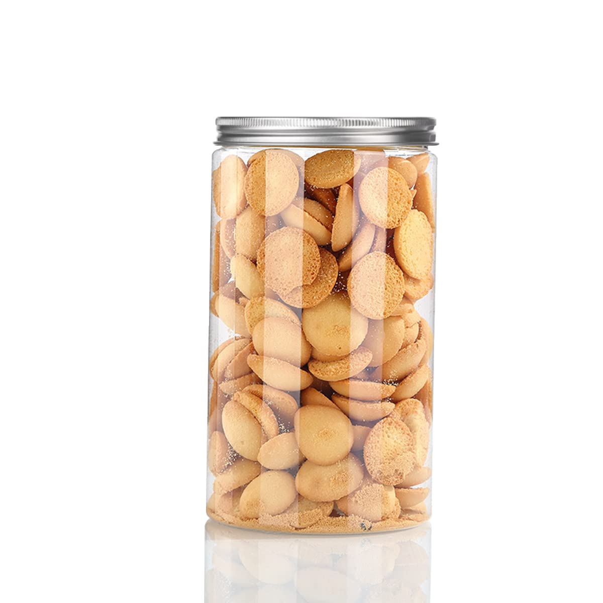 HoleviFO 43oz (1280ml,6 Pack) Clear Empty Plastic Jars with Silver Screw Lids and Labels Round Plastic Jar Wide-mouth PET Straight Cylinder Containers for Household and Kitchen Pantry Organization