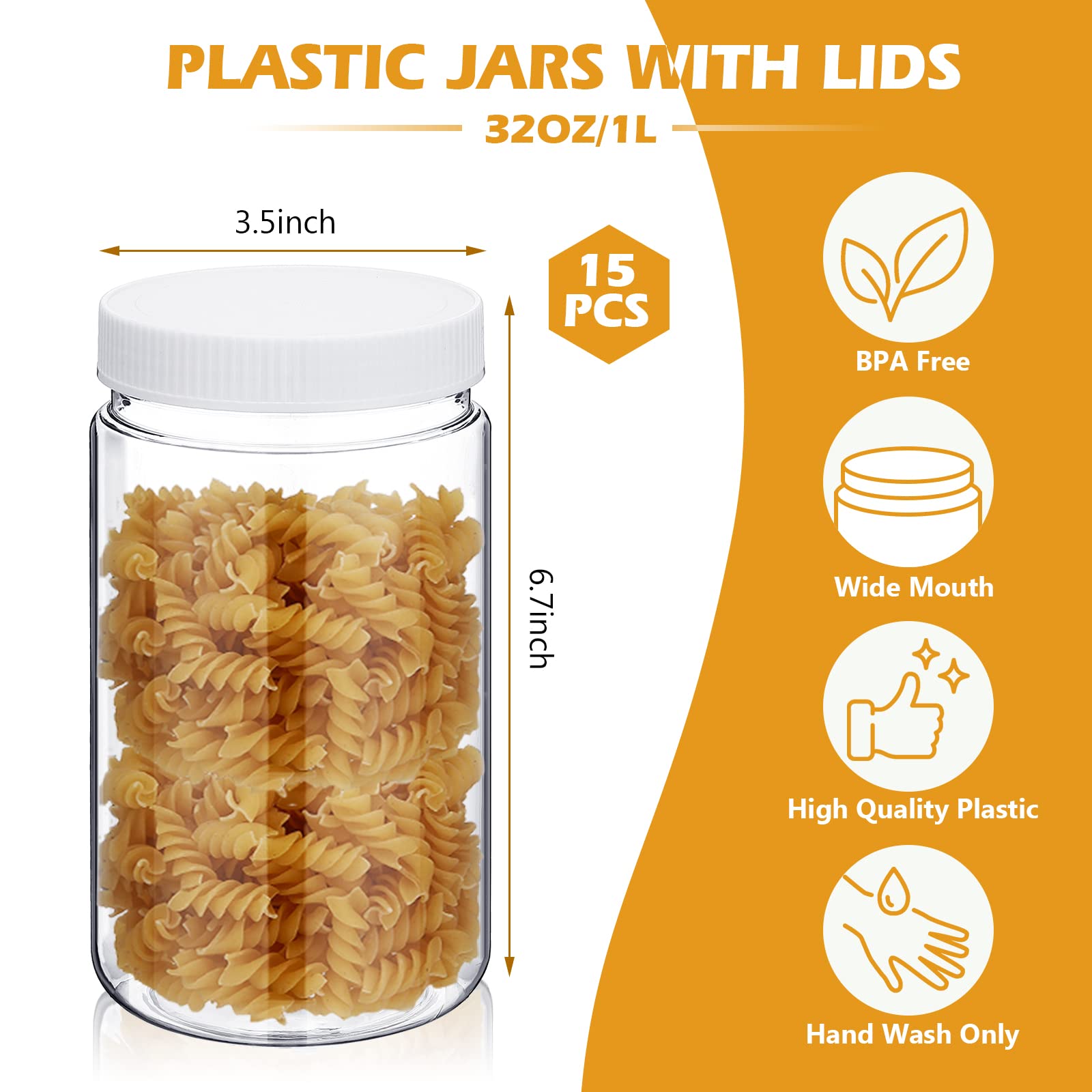 15 Pack 32 oz Plastic Jars with Lids Clear Mason Jars Large Storage Container Wide Mouth Empty Bulk for Home Food Candy Organizing Kitchen(White)
