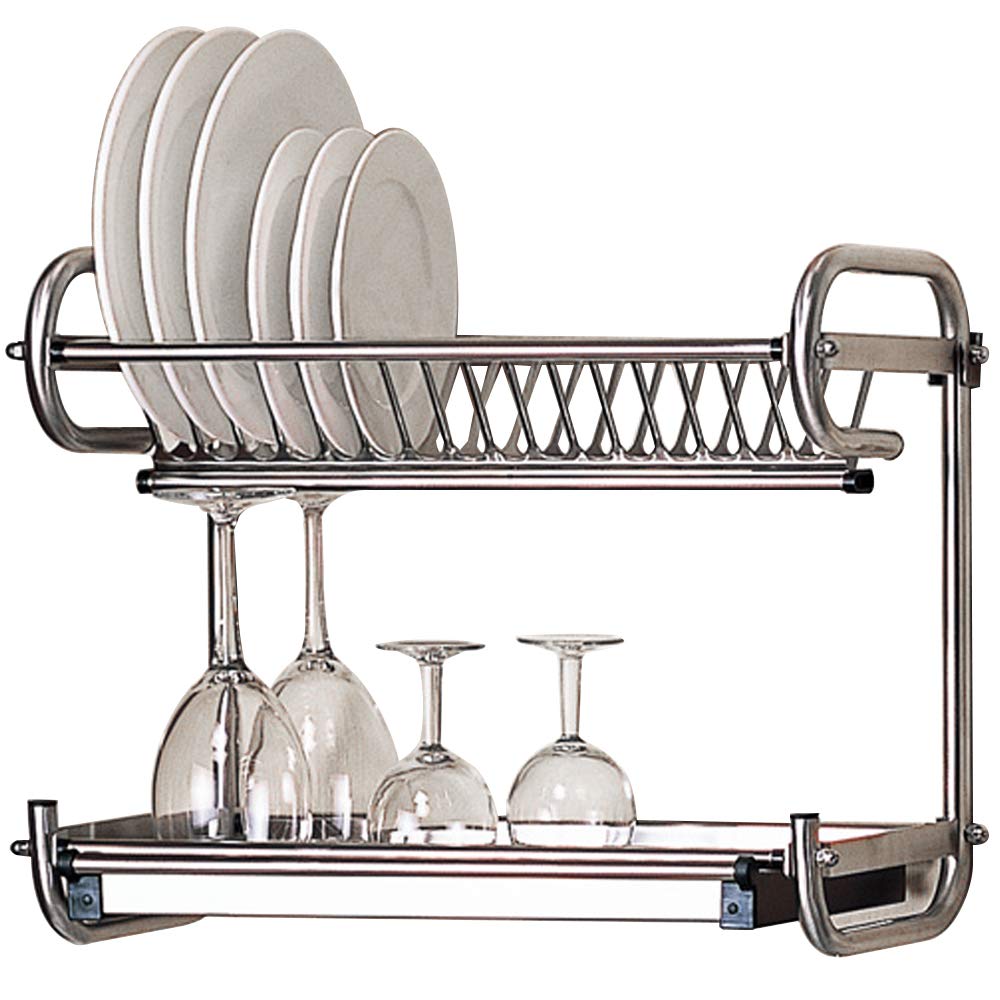 Kitchen Hardware Collection 2 Tier Dish Drying Rack Stainless Steel Wall Mounted Or Stand On Countertop Draining Rack 23.2 Inch Length 20 Dish Slots Organizer with Drainboard for Cup Plate Bowl