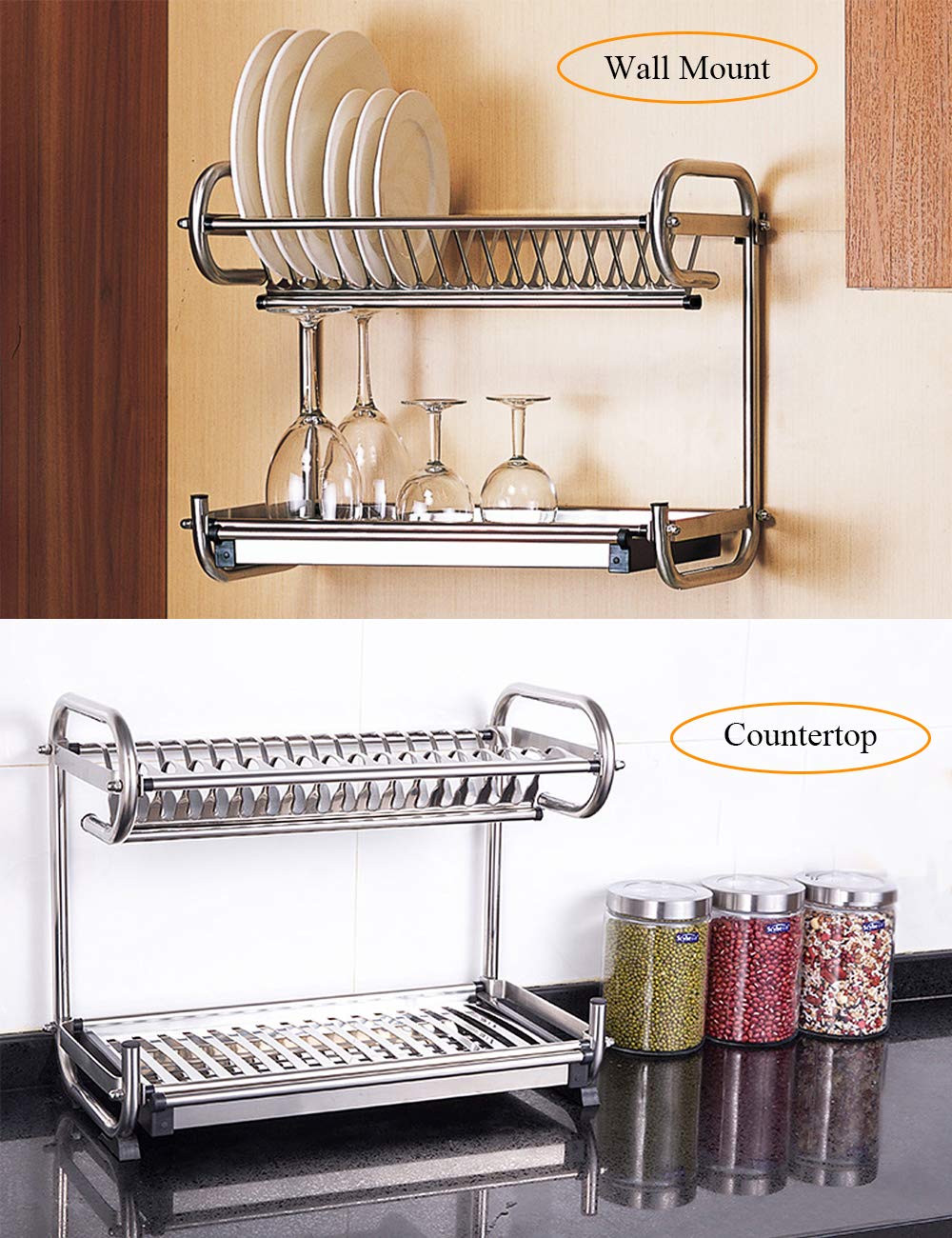 Kitchen Hardware Collection 2 Tier Dish Drying Rack Stainless Steel Wall Mounted Or Stand On Countertop Draining Rack 23.2 Inch Length 20 Dish Slots Organizer with Drainboard for Cup Plate Bowl