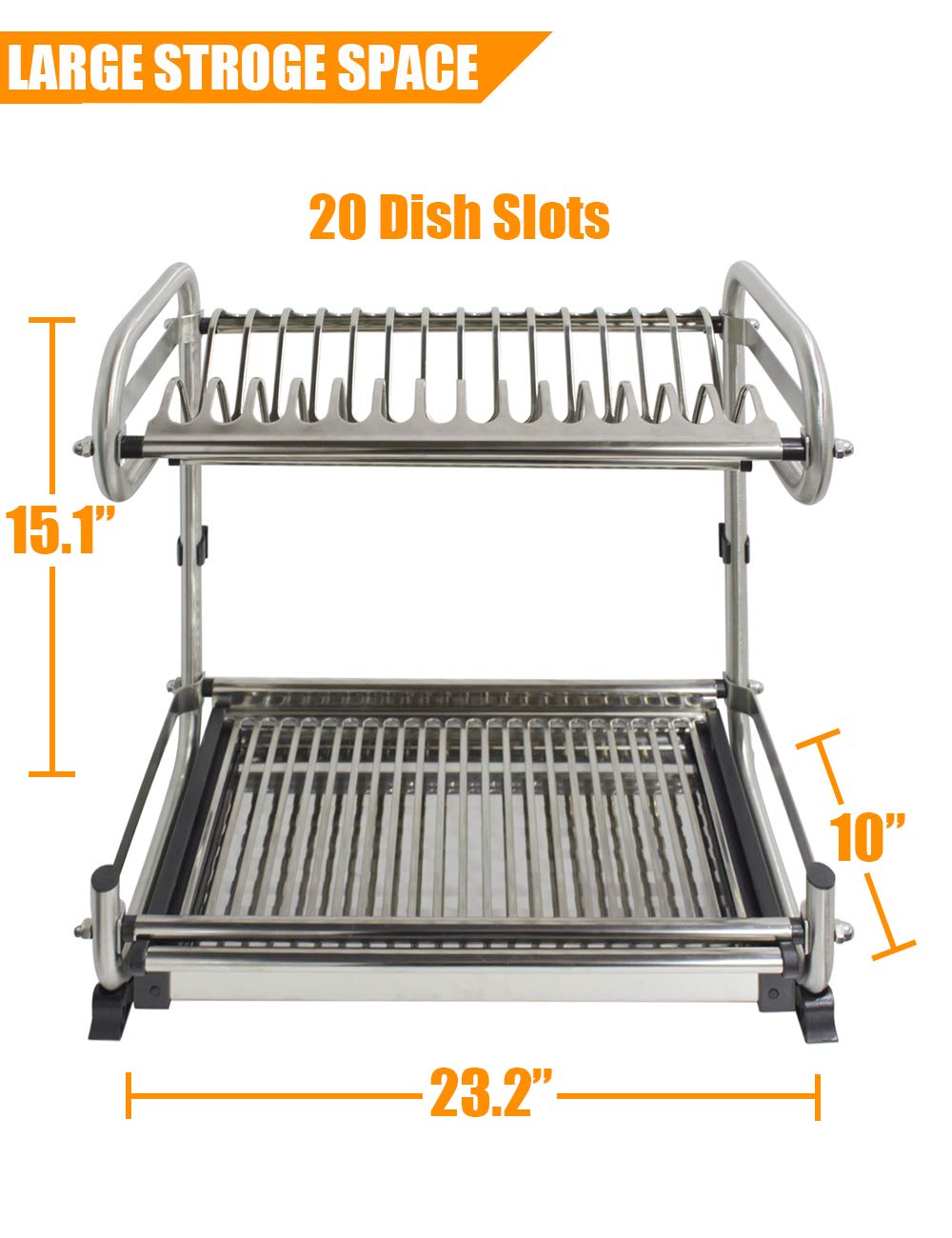 Kitchen Hardware Collection 2 Tier Dish Drying Rack Stainless Steel Wall Mounted Or Stand On Countertop Draining Rack 23.2 Inch Length 20 Dish Slots Organizer with Drainboard for Cup Plate Bowl