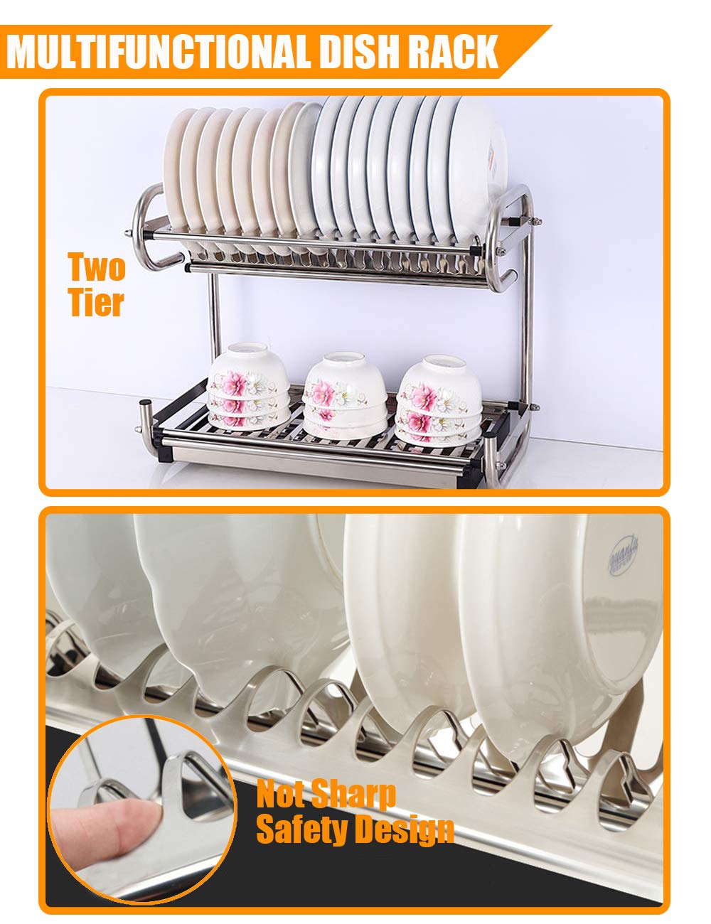 Kitchen Hardware Collection 2 Tier Dish Drying Rack Stainless Steel Wall Mounted Or Stand On Countertop Draining Rack 23.2 Inch Length 20 Dish Slots Organizer with Drainboard for Cup Plate Bowl