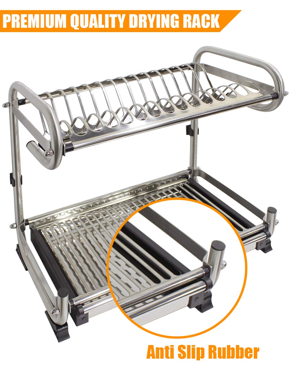 Kitchen Hardware Collection 2 Tier Dish Drying Rack Stainless Steel Wall Mounted Or Stand On Countertop Draining Rack 23.2 Inch Length 20 Dish Slots Organizer with Drainboard for Cup Plate Bowl