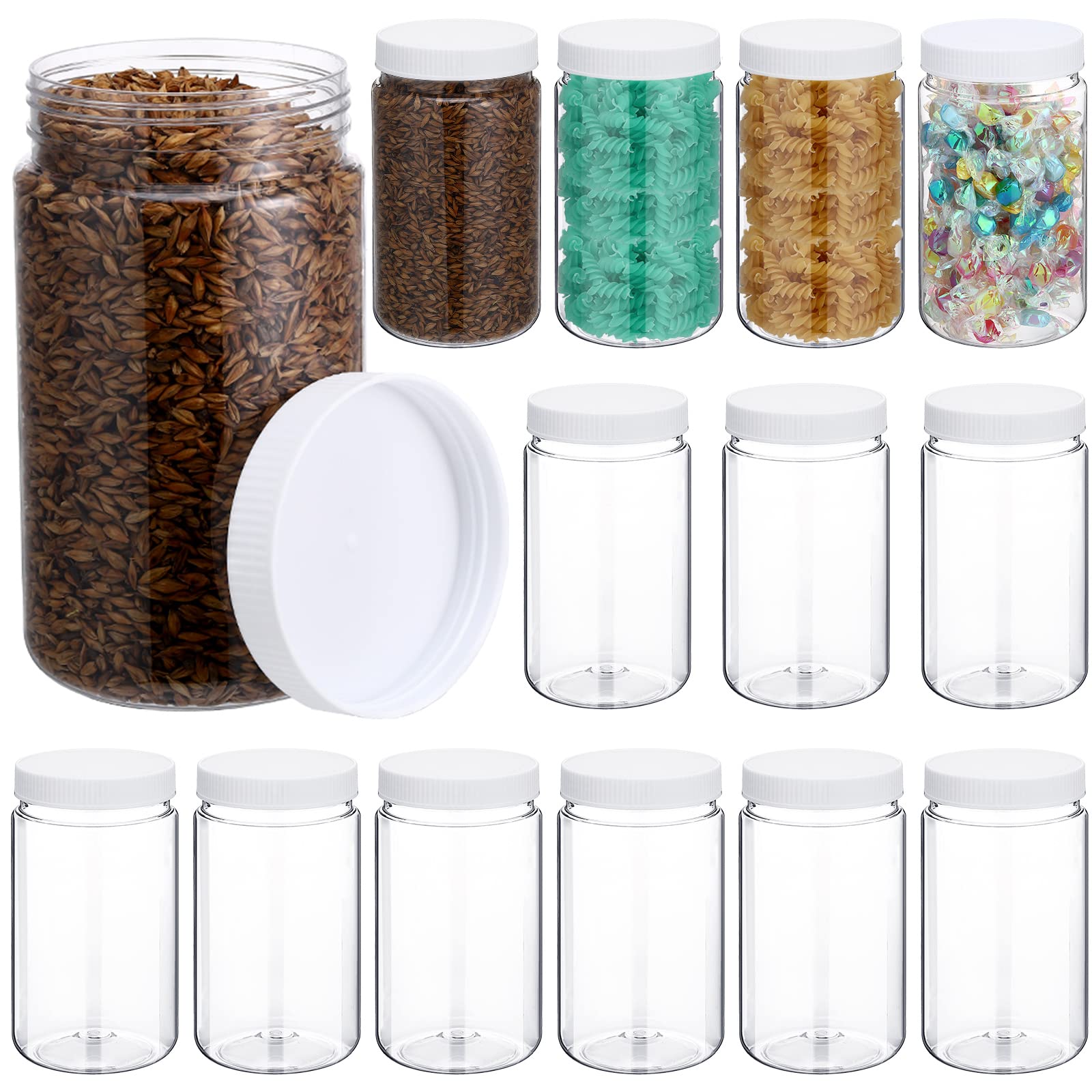 15 Pack 32 oz Plastic Jars with Lids Clear Mason Jars Large Storage Container Wide Mouth Empty Bulk for Home Food Candy Organizing Kitchen(White)