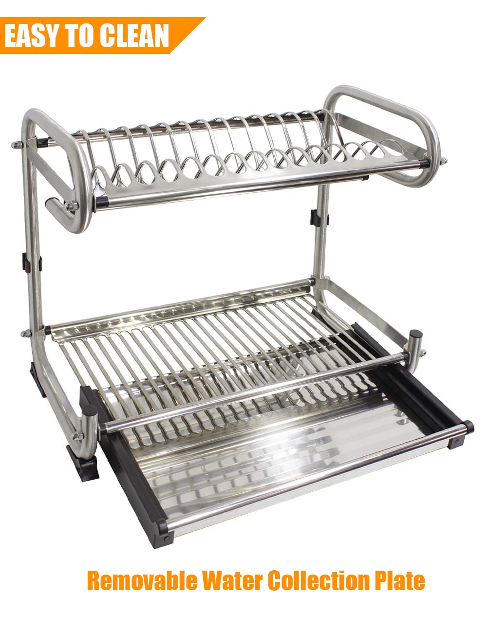 Kitchen Hardware Collection 2 Tier Dish Drying Rack Stainless Steel Wall Mounted Or Stand On Countertop Draining Rack 23.2 Inch Length 20 Dish Slots Organizer with Drainboard for Cup Plate Bowl