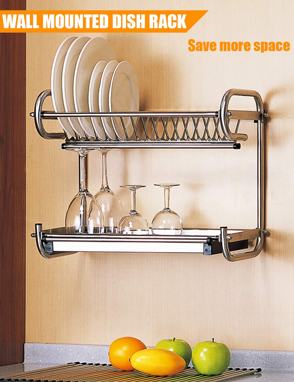 Kitchen Hardware Collection 2 Tier Dish Drying Rack Stainless Steel Wall Mounted Or Stand On Countertop Draining Rack 23.2 Inch Length 20 Dish Slots Organizer with Drainboard for Cup Plate Bowl