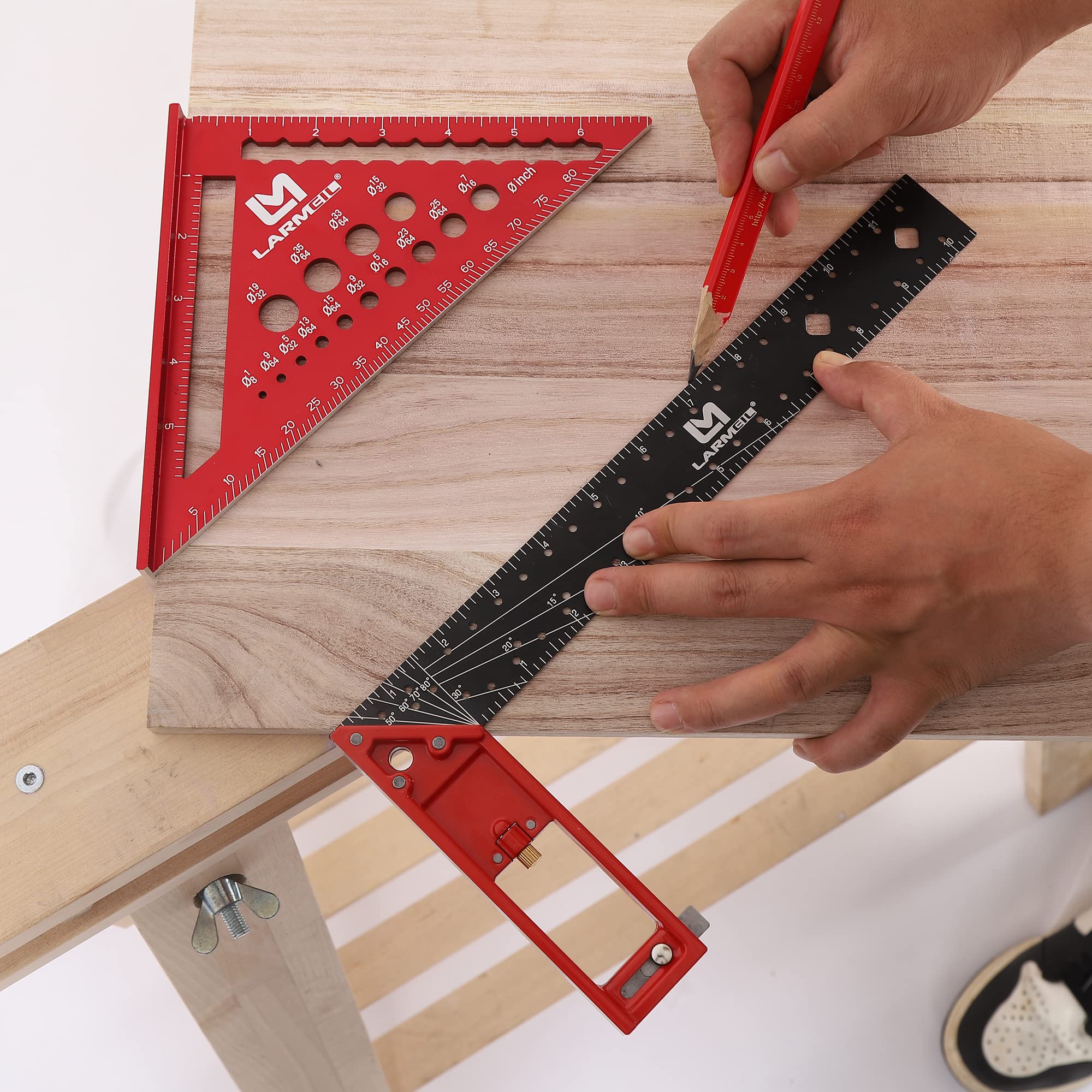 LARMEIL 12 Inch Framing Square Carpenter Square, Woodworking Square Ruler, Try Square Tool, T Square Ruler, L Square Ruler, Layout Tool, Right Angle Ruler with Retractable Ledge and Scribe Mark Pin