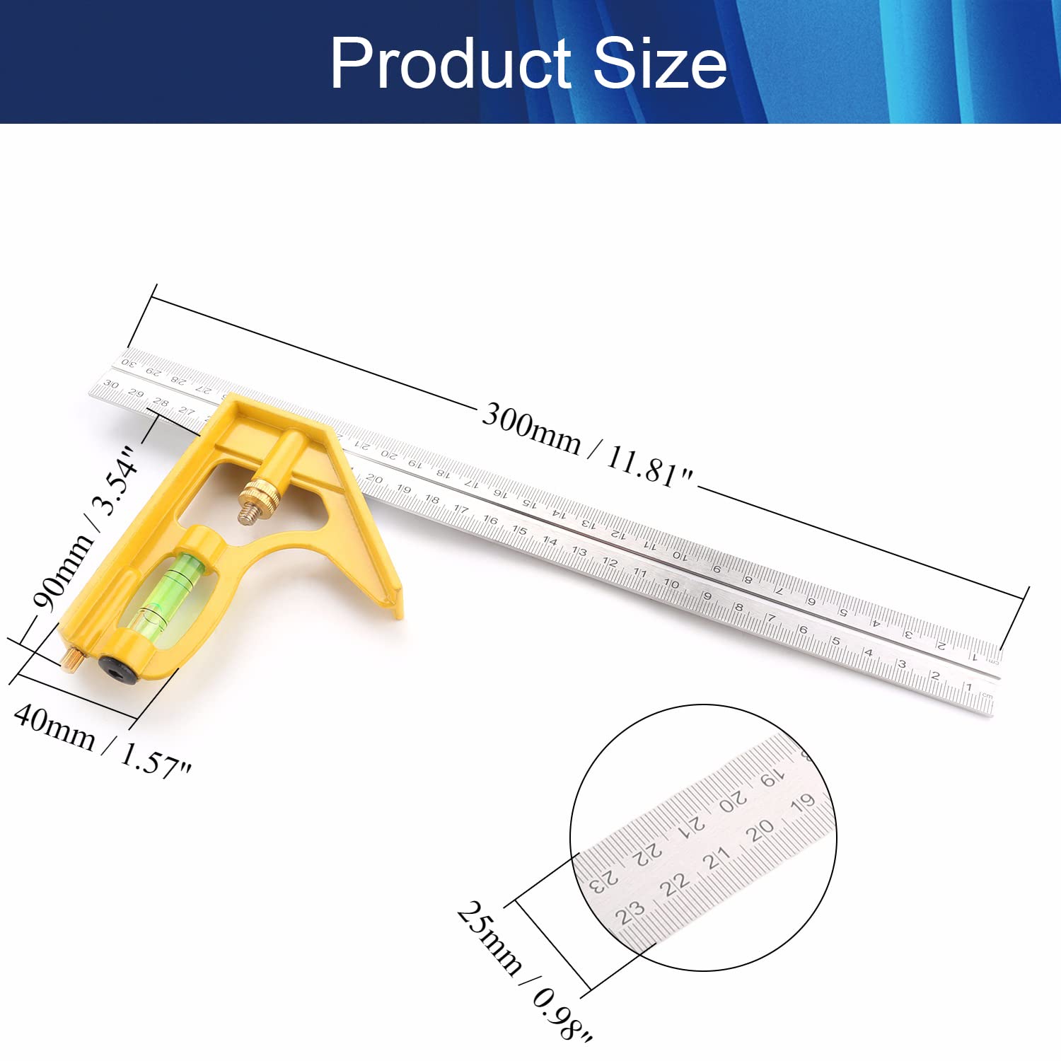 Bettomshin 1Pc 300mm/12inch Right Angle Ruler, 304 Stainless Steel Engineers Combination Try Square Set Yellow Base, Square Ruler Measuring Gauge for Carpenter Engineer