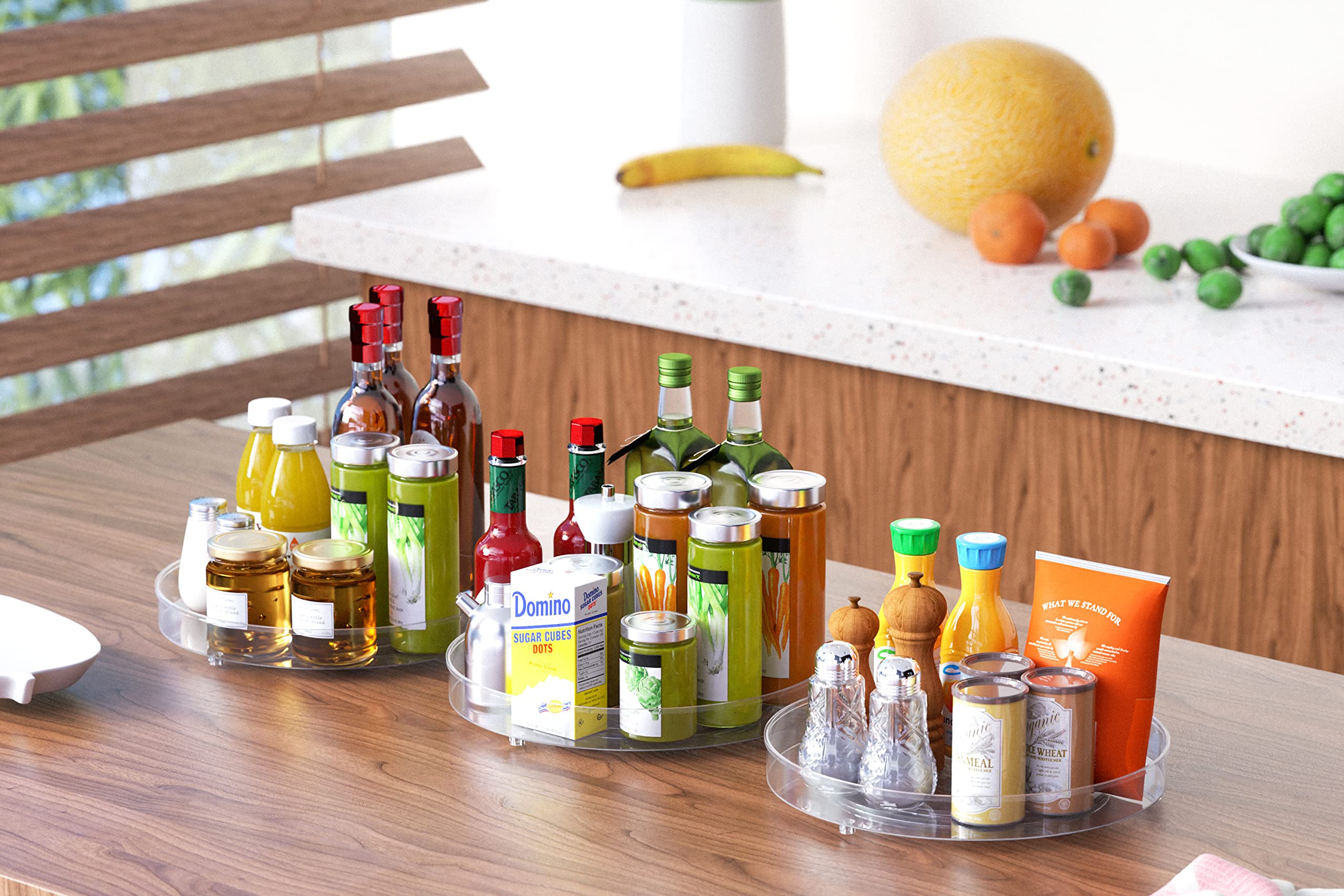 blitzlabs Divided Lazy Susan Divided Turntable Storage Container, Storage Organizer Container for Storage of Tea, Sweeteners, and More, Turntable Spice Rack for The Kitchen Cupboard, Clear, Set of 2