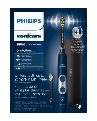 Philips Sonicare ProtectiveClean 6500 Rechargeable Electric Power Toothbrush with Charging Travel Case and Extra Brush Head, Navy Blue, HX6462/07