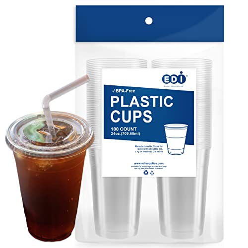 EDI [20 oz. - 100 Sets] Crystal Clear Disposable PET Plastic Cups with Flat Lids and Straws