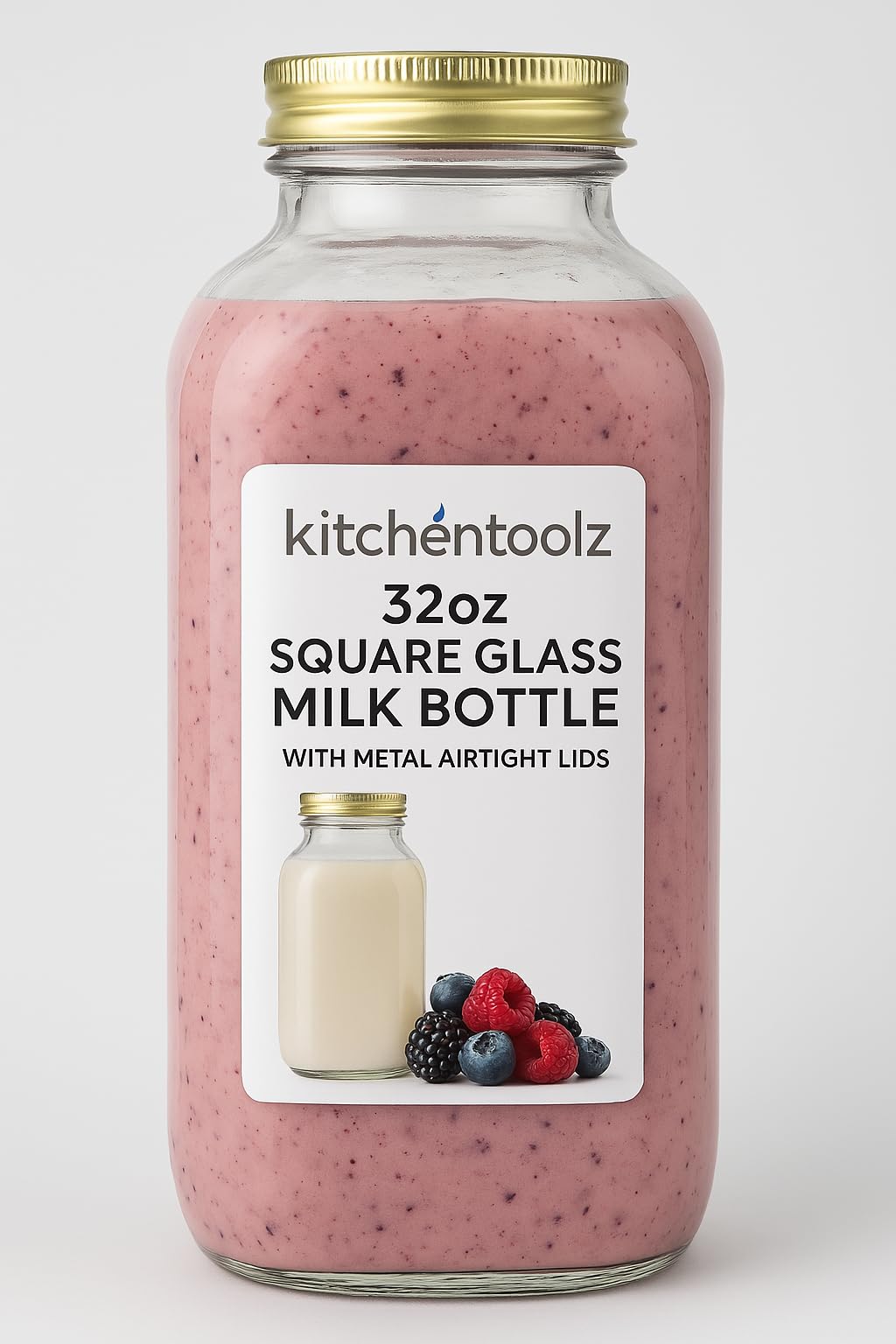 kitchentoolz 32oz Square Glass Milk Bottle with Metal Airtight Lids -1 Quart Milk Jars with Lids for Fridge - Reusable Milk Jugs , Yogurt, Smoothies, Kefir, Kombucha, Water