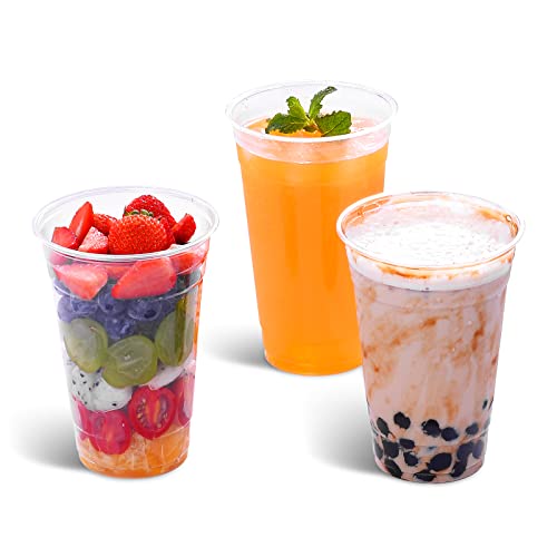EDI [20 oz. - 100 Sets] Crystal Clear Disposable PET Plastic Cups with Flat Lids and Straws