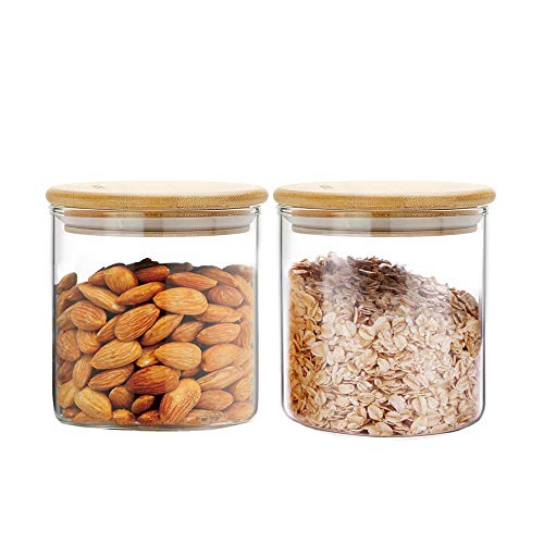 SIXAQUAE Glass Food Storage Containers Jar Seal Bamboo Lids 2 Packs 600ml Airtight Canister Organization Sets Stackable