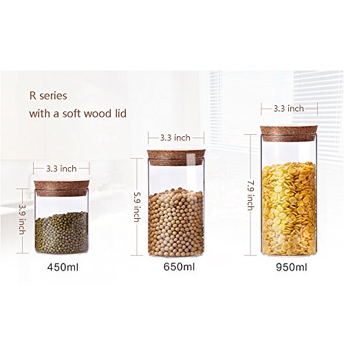 Newerlives Air Tight Storage Jar, Glass Storage Tank with a Natural Bamboo Lid, 450 ML, 650 ML, 950 ML (Cork, 950ML)