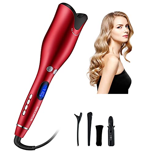 MIUOPUR Automatic Hair Curling Iron with Ceramic Ionic Barrel, Smart Anti-Stuck, Auto Rotating Hair Curling Wand with Temperature Display and Timer, Professional Hair Curler Styling Tool - Red