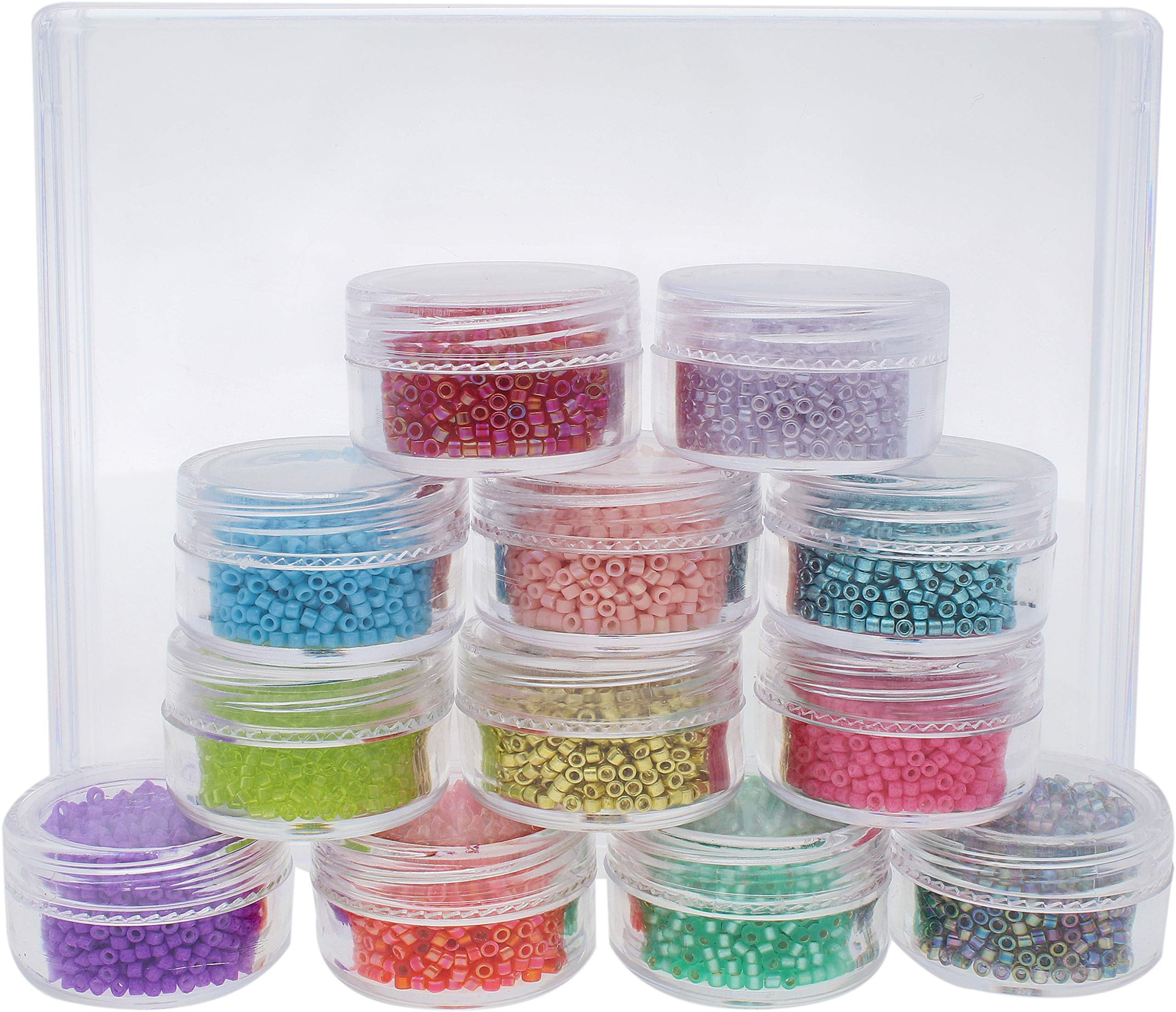 The Beadsmith Personality Case - Clear Storage Organizer Box, 5 x 3.75 x 0.9 inches - Includes 12 Small Containers with lids - 1.2 x 0.7 inches, Bead Holder