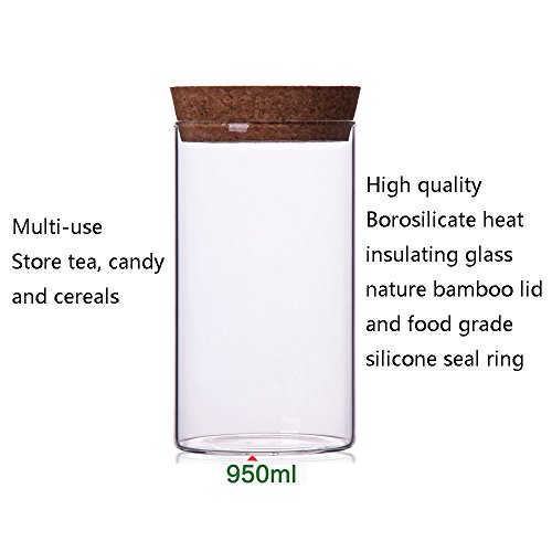 Newerlives Air Tight Storage Jar, Glass Storage Tank with a Natural Bamboo Lid, 450 ML, 650 ML, 950 ML (Cork, 950ML)