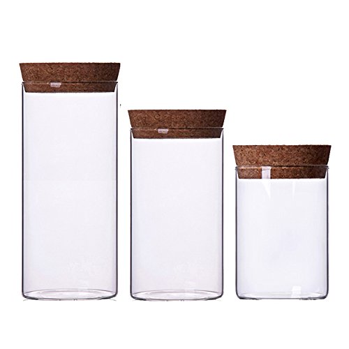 Newerlives Air Tight Storage Jar, Glass Storage Tank with a Natural Bamboo Lid, 450 ML, 650 ML, 950 ML (Cork, 950ML)