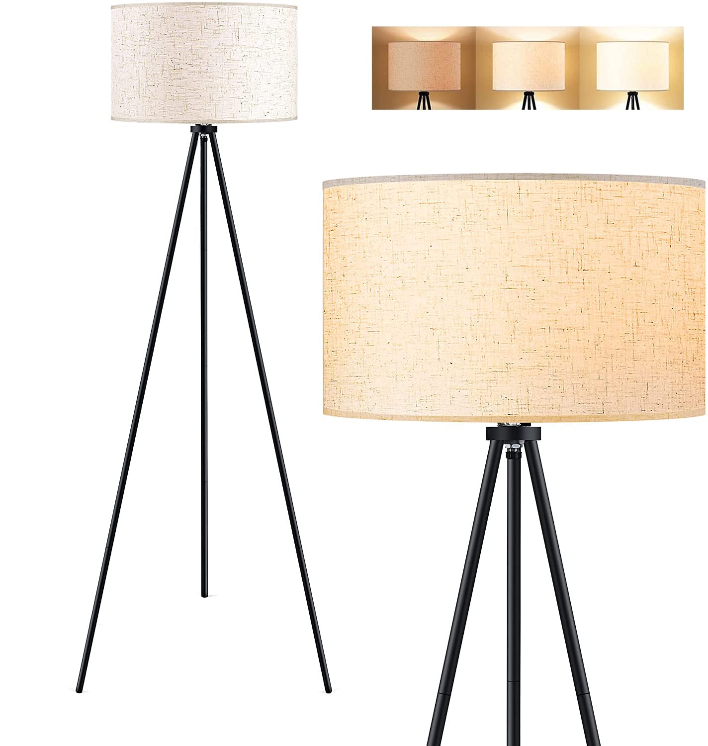 BoostArea Floor Lamp for Living Room, Tripod Floor Lamp, 15W LED Bulb, 3 Levels Dimmable Brightness, Linen Lamp Shade, Mid Century Standing Lamp for Living Room, Bedroom, Study Room and Office