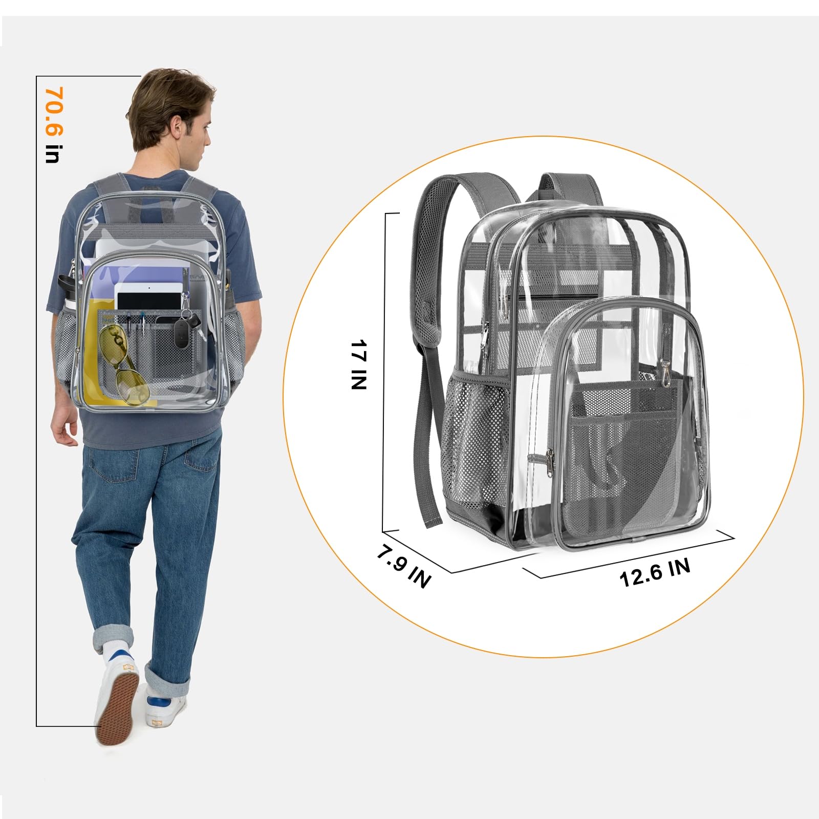 PAMANO Clear Backpack Transparent Heavy Duty Bookbag See Through Bag for College Work Stadium Concert Travel Security, Gray