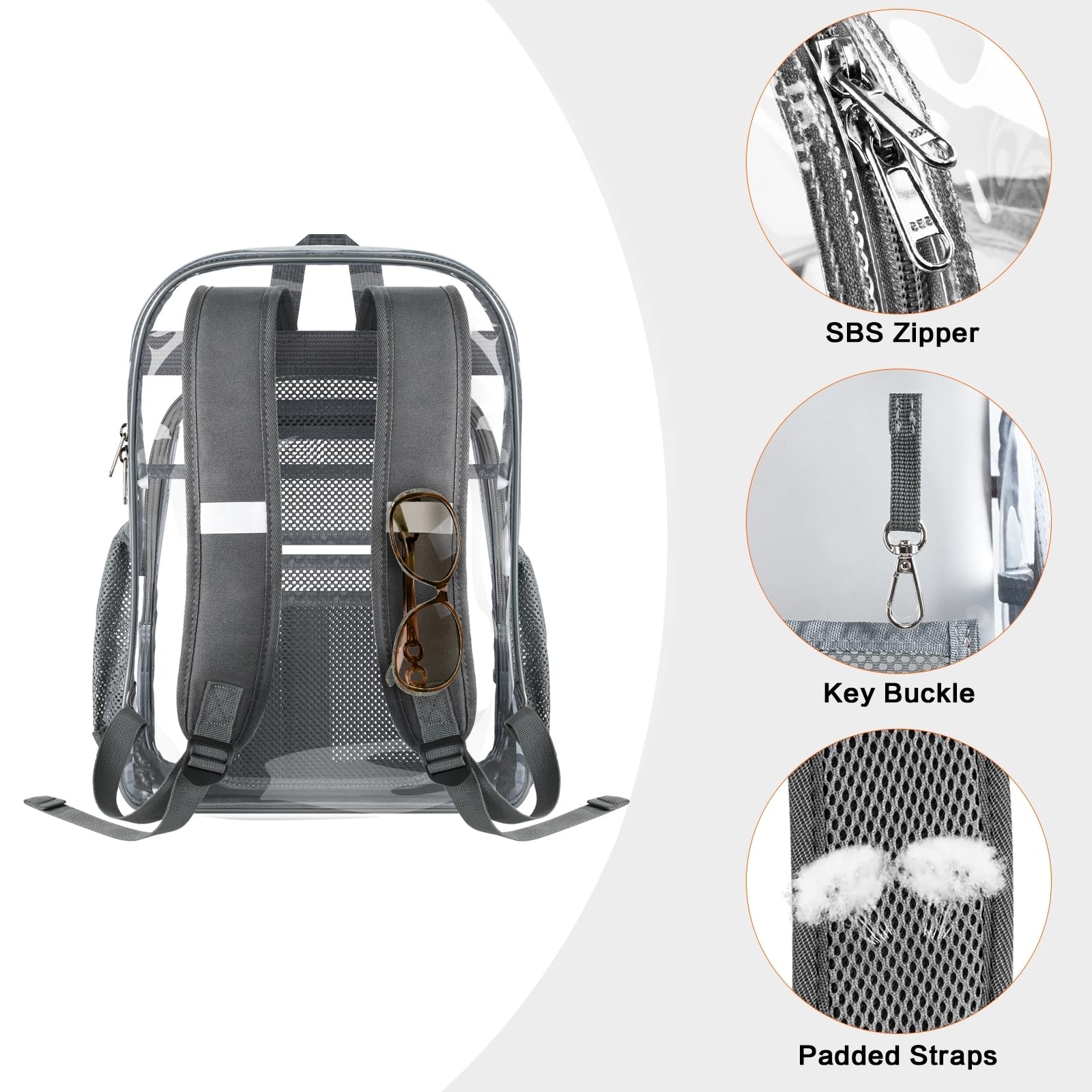 PAMANO Clear Backpack Transparent Heavy Duty Bookbag See Through Bag for College Work Stadium Concert Travel Security, Gray