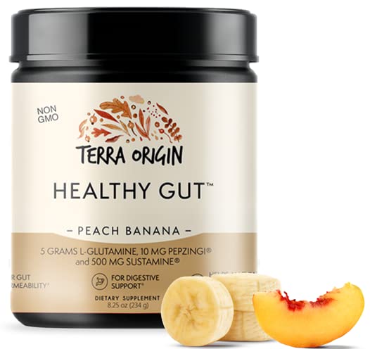 TERRA ORIGIN Healthy Gut Peach Banana | 30-Servings with L-Glutamine, Zinc, Glucosamine, Slippery Elm Bark, Marshmallow Root and More!