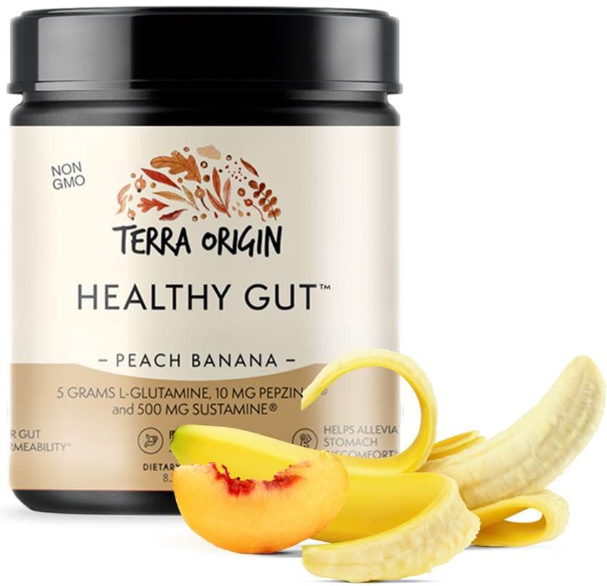 TERRA ORIGIN Healthy Gut Peach Banana | 30-Servings with L-Glutamine, Zinc, Glucosamine, Slippery Elm Bark, Marshmallow Root and More!