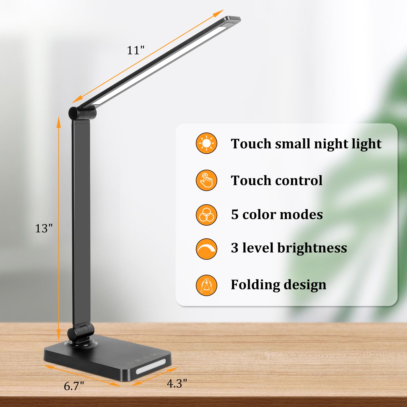 Dott Arts LED Desk Lamp, Touch Control Desk Lamp with 3 Levels Brightness, Dimmable Office Lamp with Adjustable Arm, Foldable Table Desk Lamp for Table Bedroom Bedside Office Study, 5000K, 8W, Black