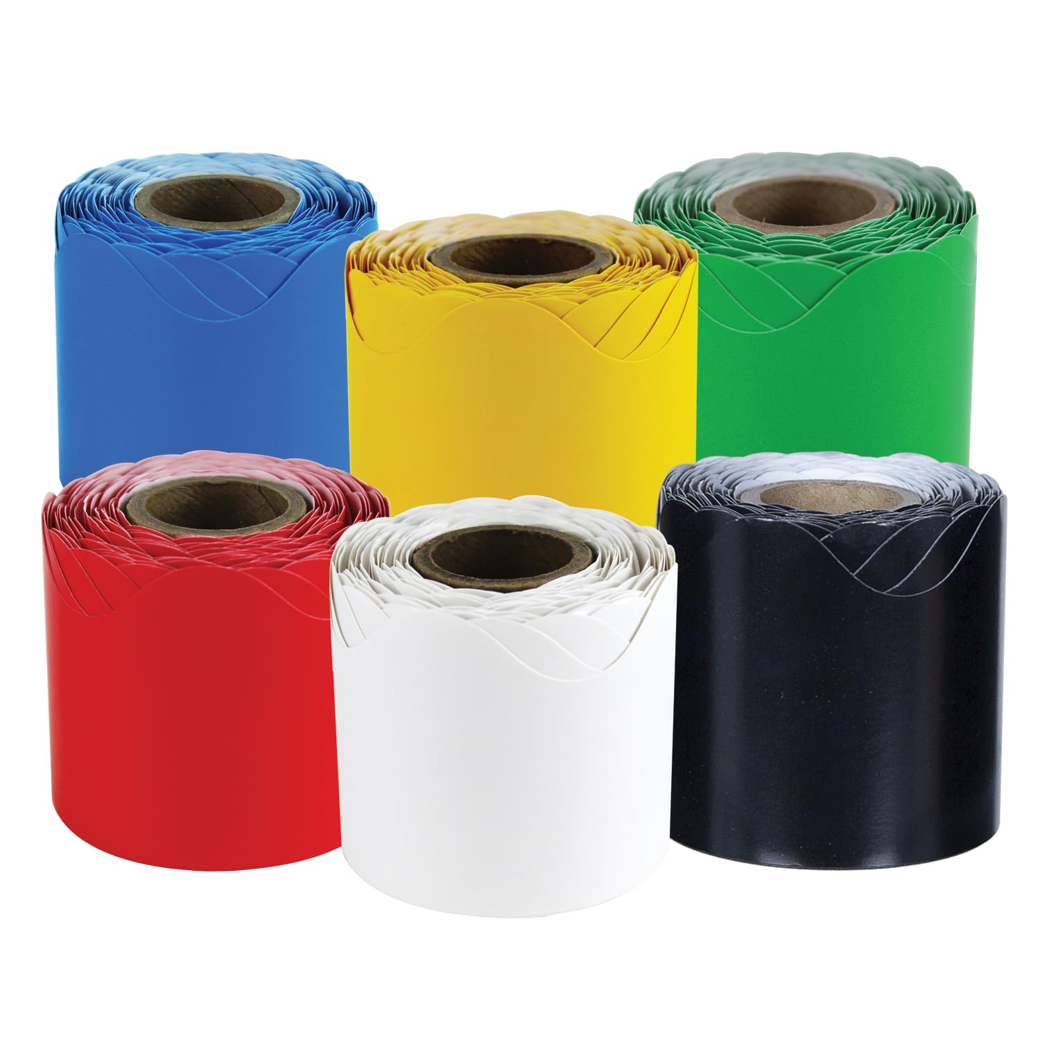 Carson Dellosa Colorful Bulletin Board Borders Set, 216 Feet of Scalloped Blue, Yellow, Green, Red, Black and White Classroom Borders for Bulletin Board, White Board, and Classroom Decor, 36 Feet Each