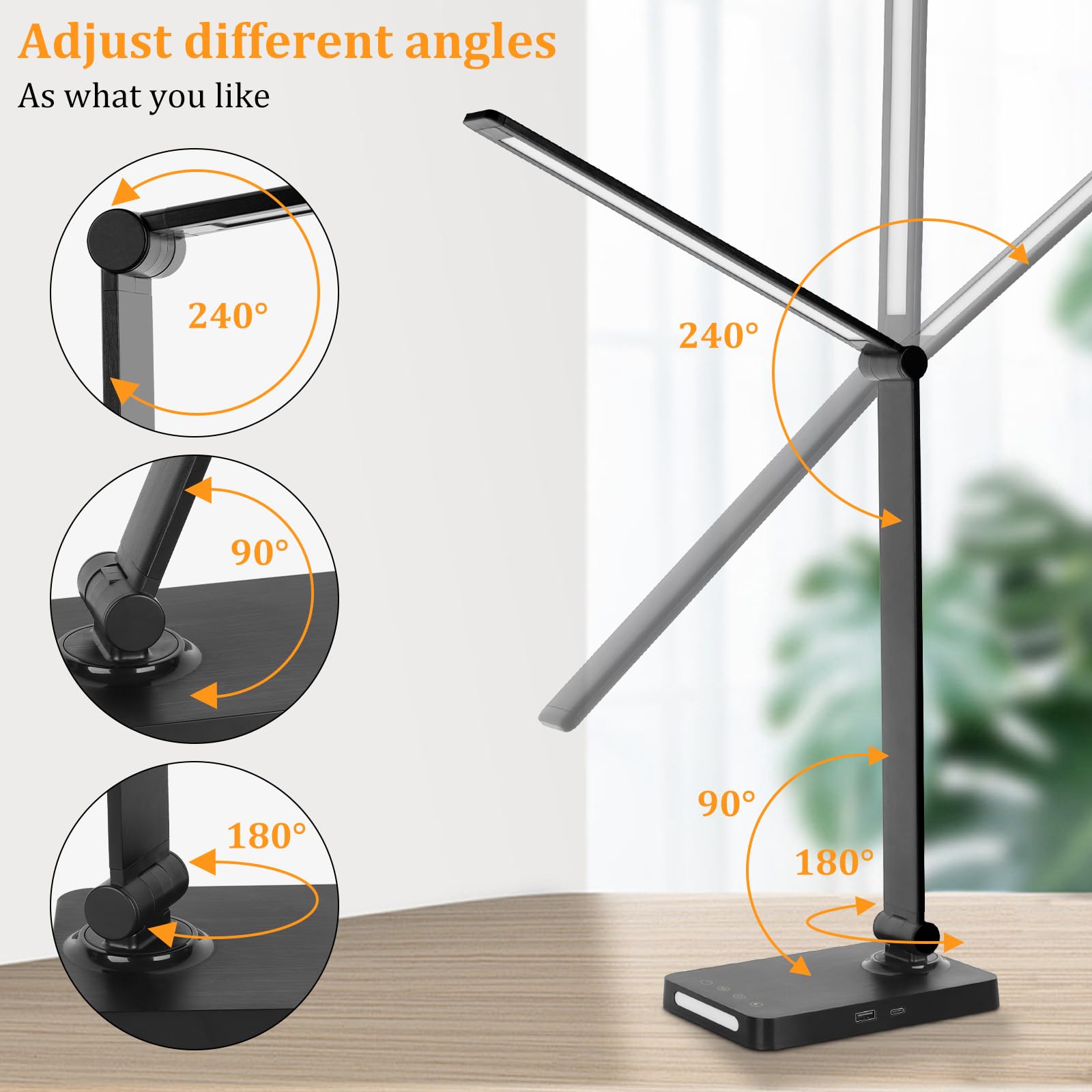 Dott Arts LED Desk Lamp, Touch Control Desk Lamp with 3 Levels Brightness, Dimmable Office Lamp with Adjustable Arm, Foldable Table Desk Lamp for Table Bedroom Bedside Office Study, 5000K, 8W, Black