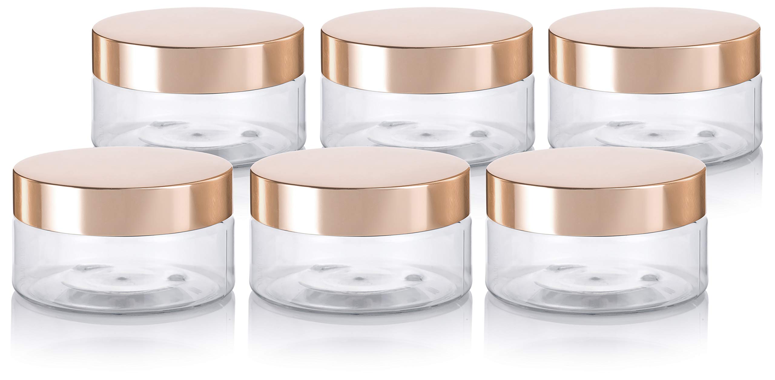8 oz Clear PET Plastic Low Profile Jar Gold Metal Overshell Lid (6 Pack) Refillable Empty Storage Containers