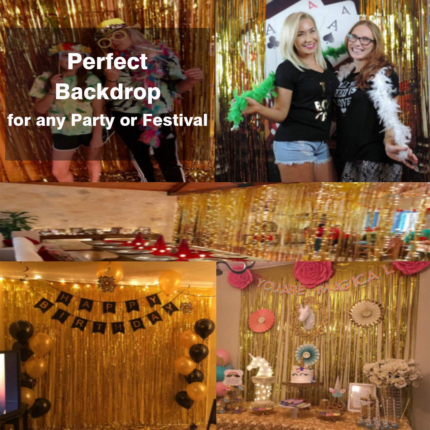GOER 3.2 ft x 9.8 ft Metallic Tinsel Foil Fringe Curtains for Party Photo Backdrop Wedding Decor (1 Pack, Gold)