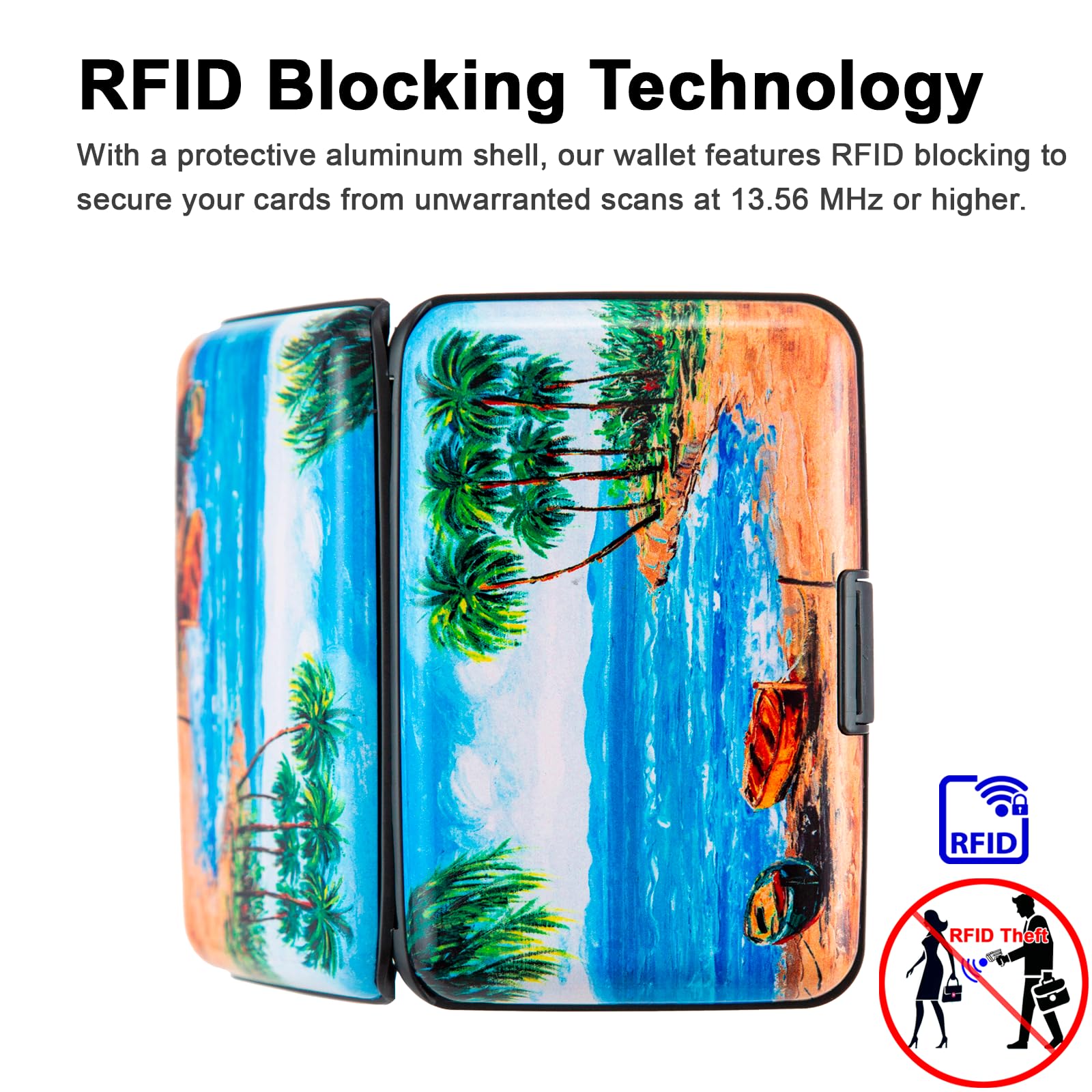 Kaabao Credit Card Holder Small RFID Blocking Wallet Business Metal Slim Mini Aluminum Hard Case for Women Men Gift (Paradise Tropical Island Beach)