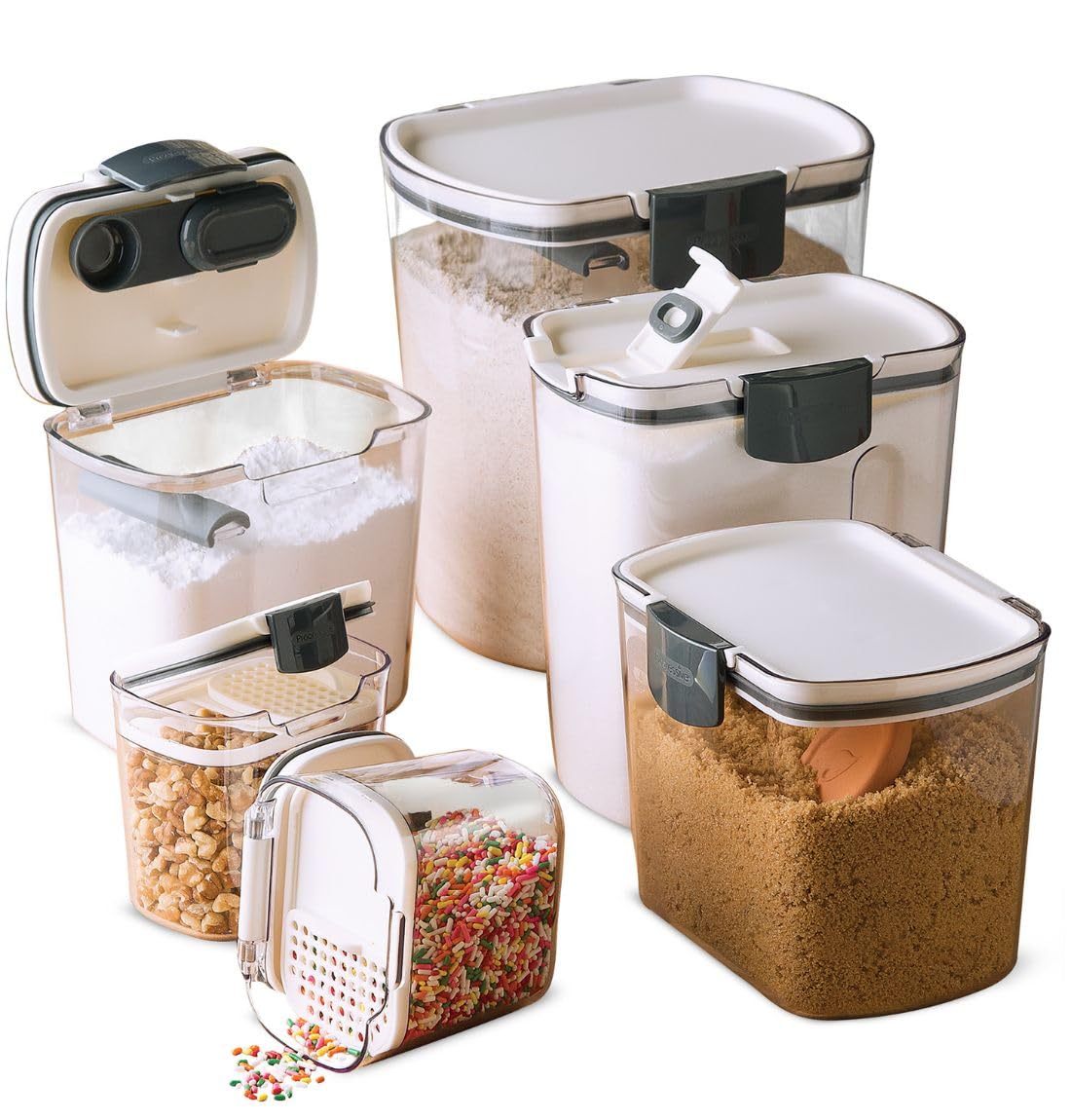 Progressive Prepworks ProKeeper 6 Piece Kitchen Clear Plastic Airtight Food Flour And Sugar Storage Organization Container Baking Canister Set, White