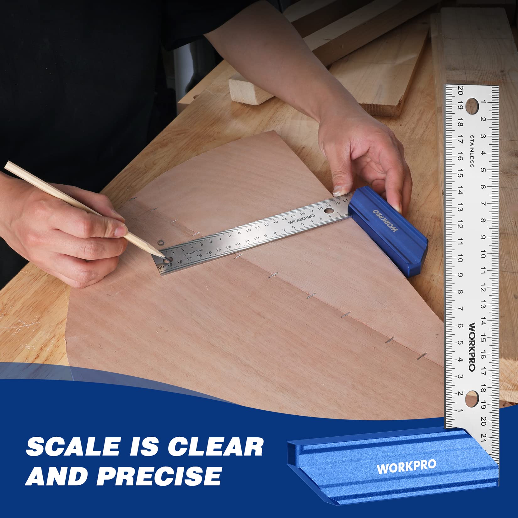 WORKPRO 8 Inch Try Square with Aluminum Handle - Woodworking Square Precision for Professional Carpentry Use & Premium Stainless Steel Ruler