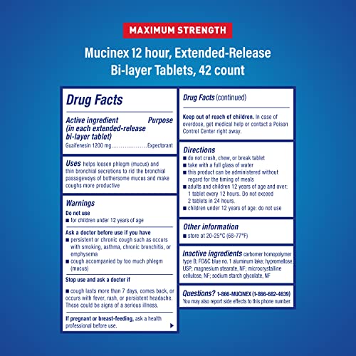 Mucinex Chest Congestion Maximum Strength 12 Hour Extended Release Tablets Relieves Chest Congestion Caused by Excess Mucus(#1 Doctor Recommended OTC expectorant), 1200mg, 42 Count (Pack of 1)