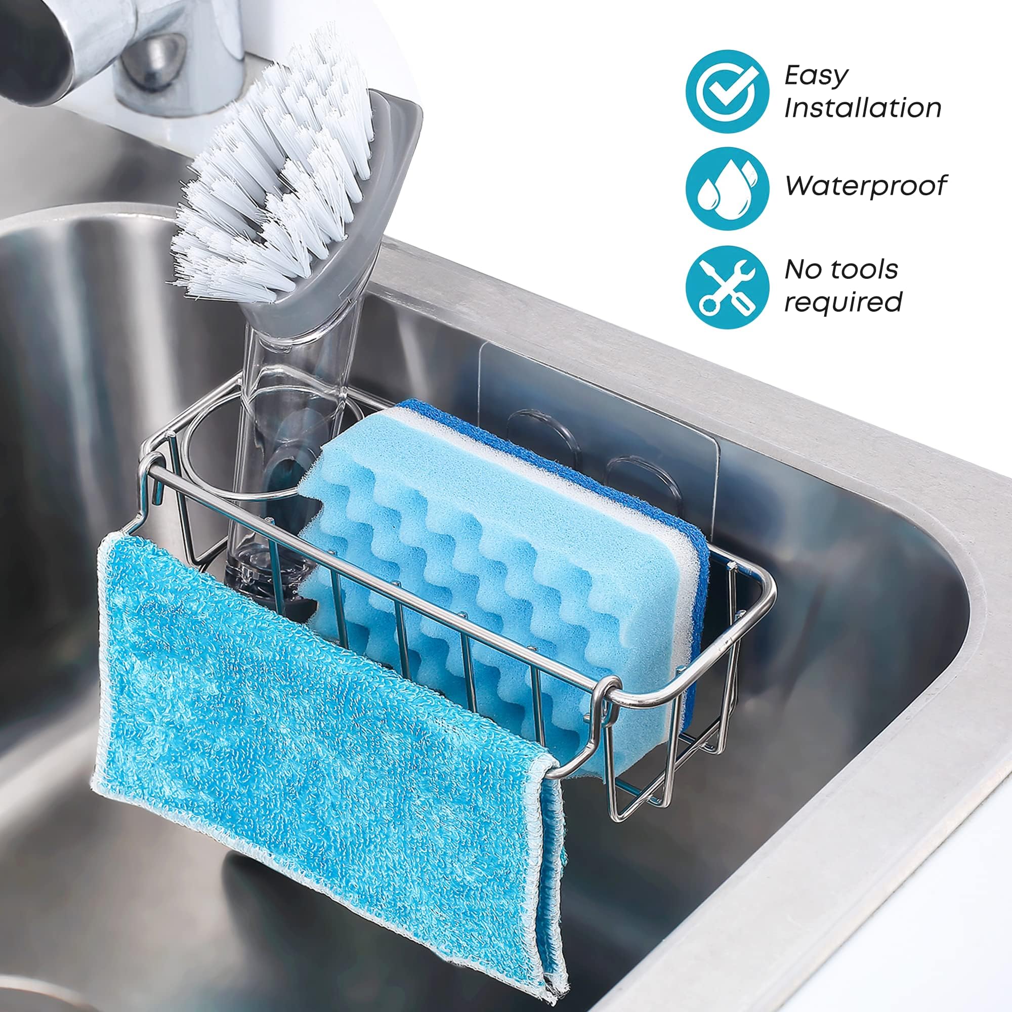 KESOL 3-in-1 Kitchen Sink Caddy - Adhesive Sponge Holder for Kitchen Sink + Dish Cloth Hanger + Dish Brush Holder, 304 Stainless Steel Rust Proof, Water Proof, No Drilling Kitchen Sink Accessories