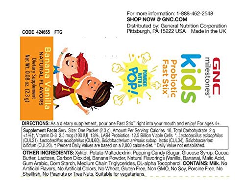 GNC Milestones Kids Probiotic Fast Stix for Kids 4-12 - Banana Vanilla, 30 Packets, Supports Digestive Health with 12.5 Billion CFUs