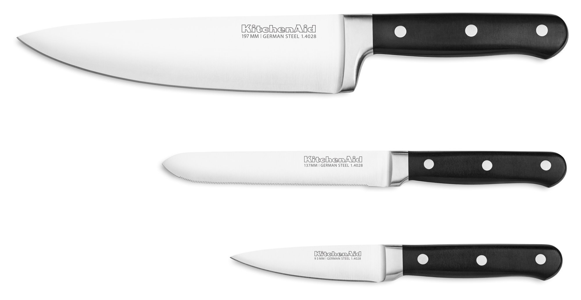 KitchenAid KKFTR3SSOB 3 Piece Classic Forged Series Starter Triple Rivet Cutlery Set, Onyx Black