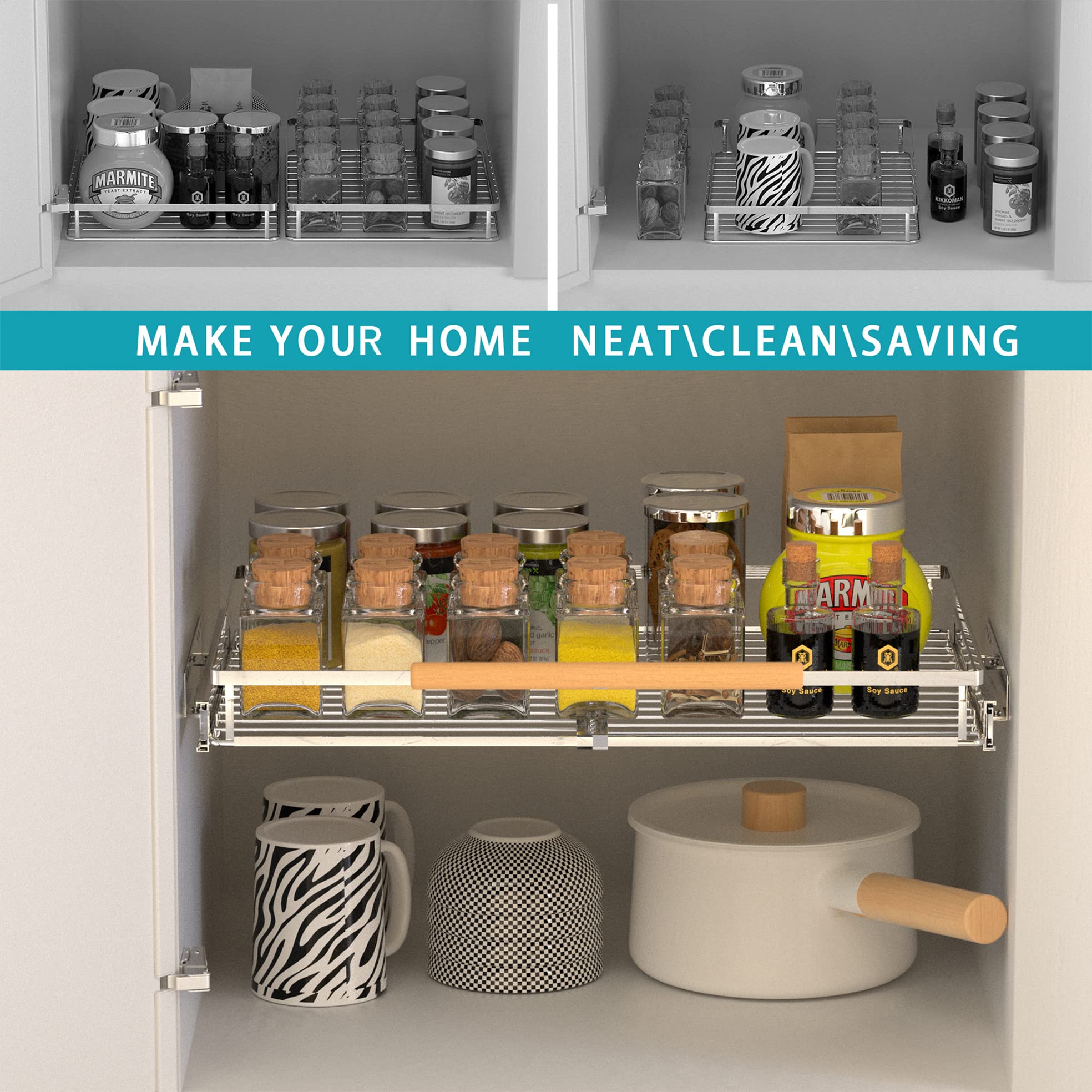 Expandable Pull Out Cabinet Drawer Organizer, 16.3~26.3"W x 17"D Heavy Duty Cabinet Organizers and Storage, Expandable Width Cabinet Pull Out Shelves for Kitchen Cabinets, Chrome Finish (1 Pack)
