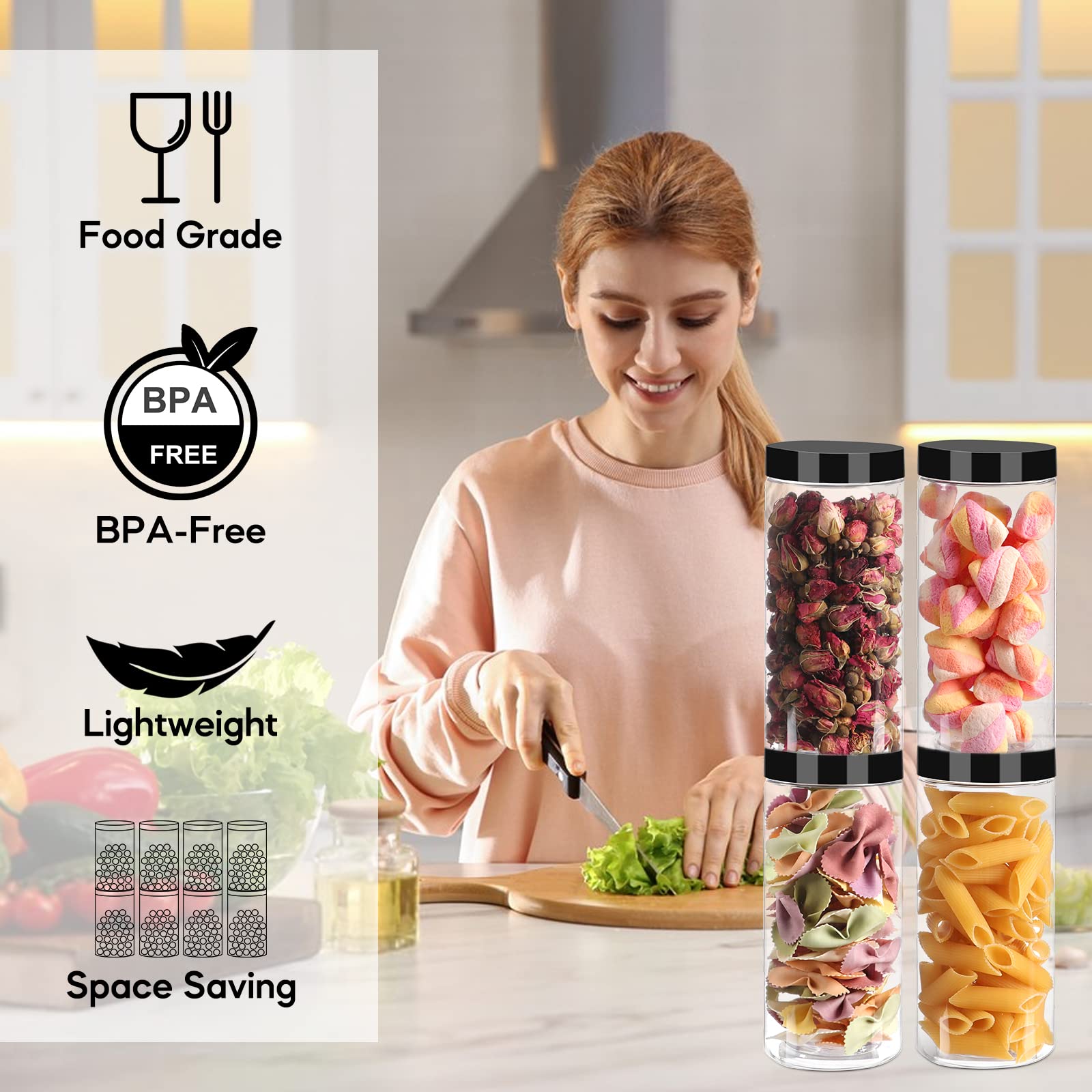 Keketin Plastic Jars with Lids 16 oz,16 Pack Clear Plastic Food Jars Empty Kitchen Storage Canisters,Refillable PET Slime Containers Ideal for DIY Crafts,Cosmetic Storage